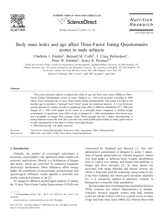 (PDF) Body mass index and age affect Three-Factor Eating Questionnaire ...