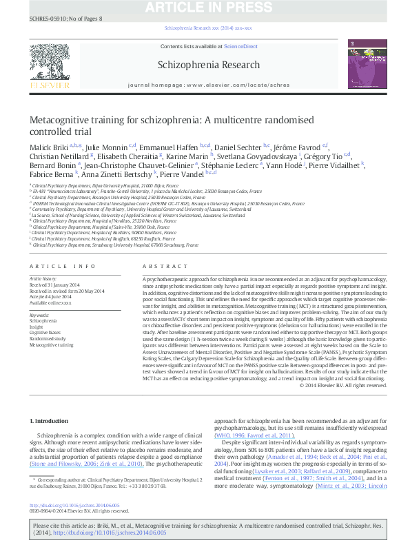 (PDF) Metacognitive training for schizophrenia: A multicentre randomised controlled trial