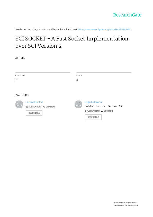 (PDF) SCI SOCKET - A Fast Socket Implementation over SCI Version 2