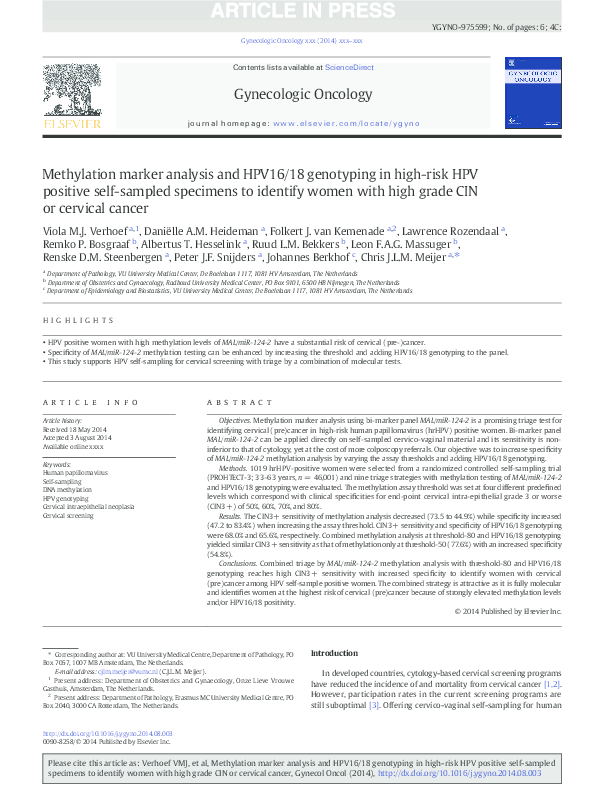 (PDF) Methylation marker analysis and HPV16/18 genotyping in high-risk ...