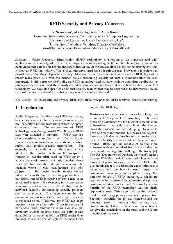 (PDF) RFID security and privacy concerns