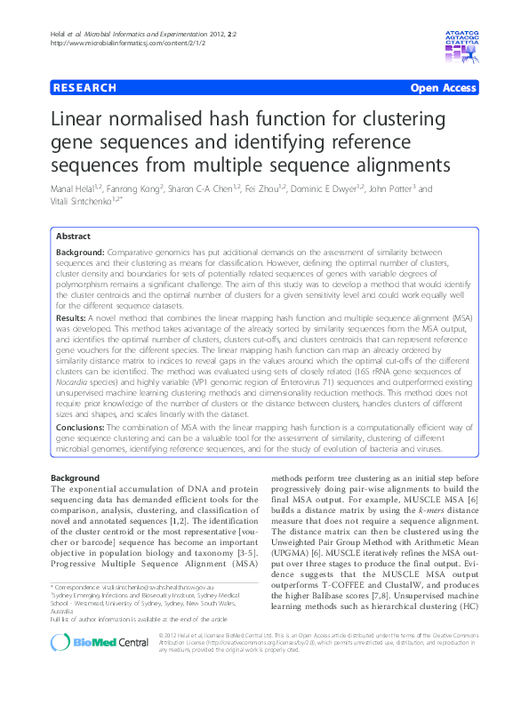 Pdf Linear Normalised Hash Function For Clustering Gene Sequences And Identifying Reference