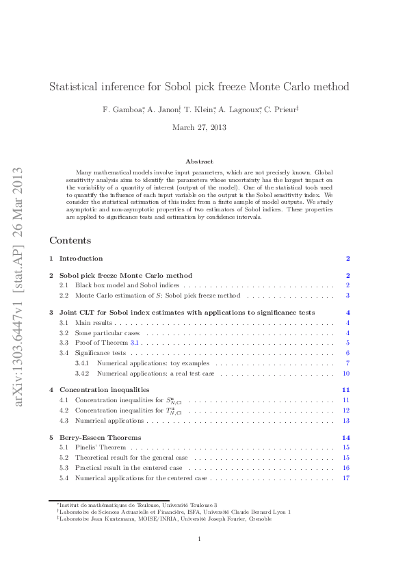 (PDF) Statistical inference for Sobol pick freeze Monte Carlo method