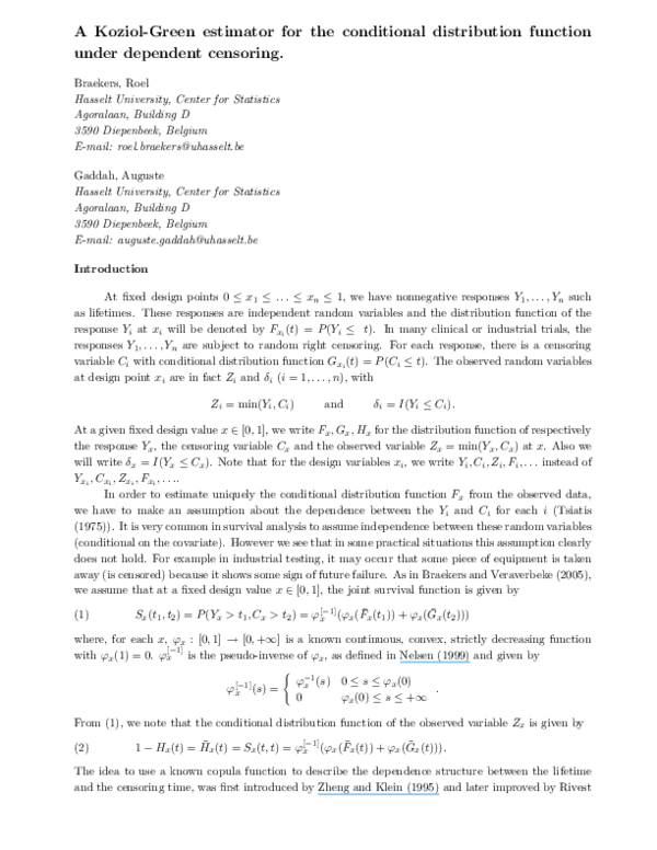 Pdf A Koziol Green Estimator For The Conditional Distribution Function Under Dependent