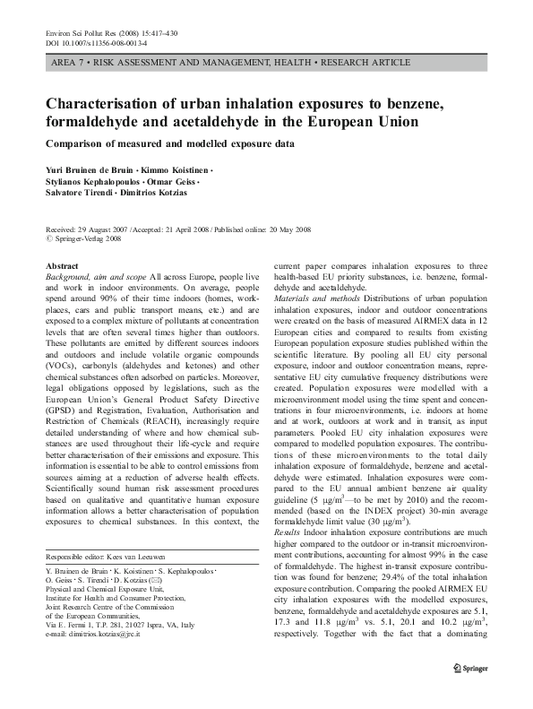 (PDF) Characterisation of urban inhalation exposures to benzene ...