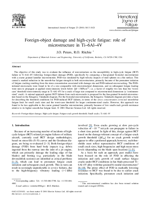 (PDF) Foreign-object damage and high-cycle fatigue of Ti–6Al–4V