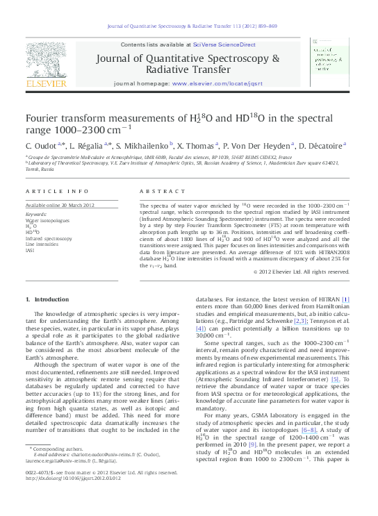 (PDF) Fourier transform measurements of H218O and HD18O in the spectral ...