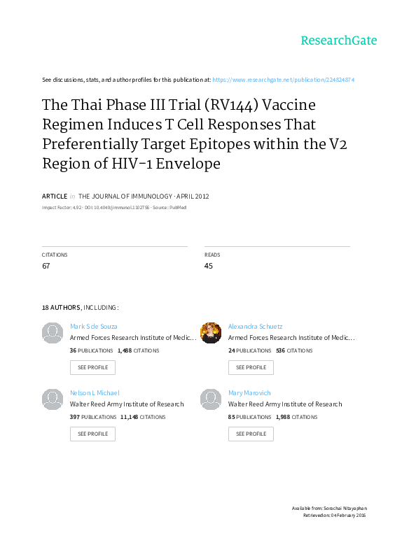 (PDF) The Thai Phase III Trial (RV144) Vaccine Regimen Induces T Cell ...