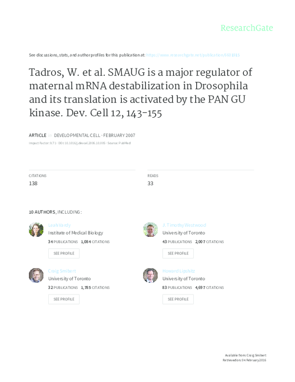 (PDF) SMAUG Is a Major Regulator of Maternal mRNA Destabilization in ...