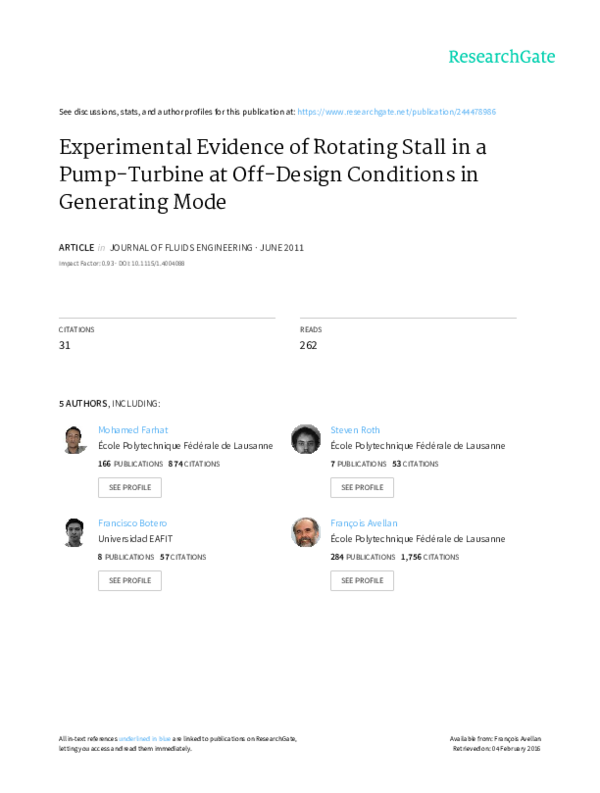 (PDF) Experimental Evidence of Rotating Stall in a Pump-Turbine at Off ...