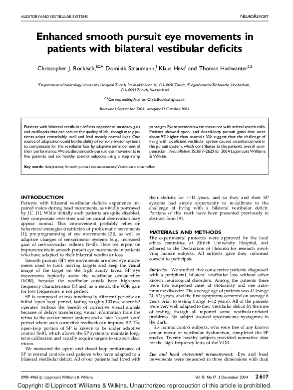 (PDF) Enhanced smooth pursuit eye movements in patients with bilateral ...