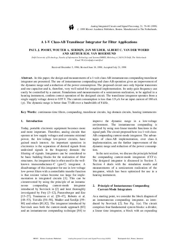 (PDF) A 1-V class-AB translinear integrator for filter applications