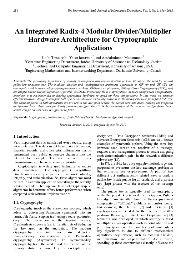 Pdf An Integrated Radix 4 Modular Divider Multiplier Hardware Architecture For Cryptographic