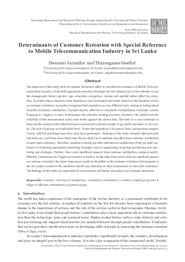 (PDF) Determinants of Customer Retention with Special Reference to ...