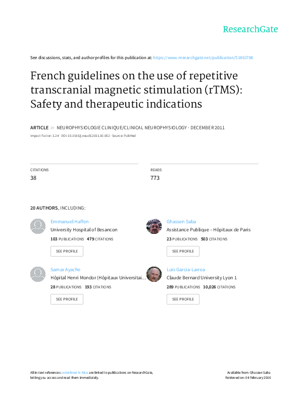 (PDF) [French guidelines on the use of repetitive transcranial magnetic ...