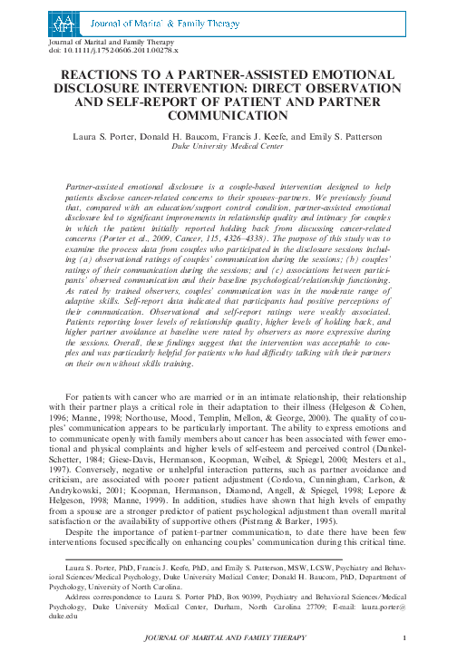(PDF) Reactions to a Partner-Assisted Emotional Disclosure Intervention ...