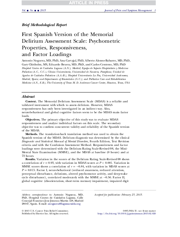 (PDF) First Spanish Version of the Memorial Delirium Assessment Scale ...