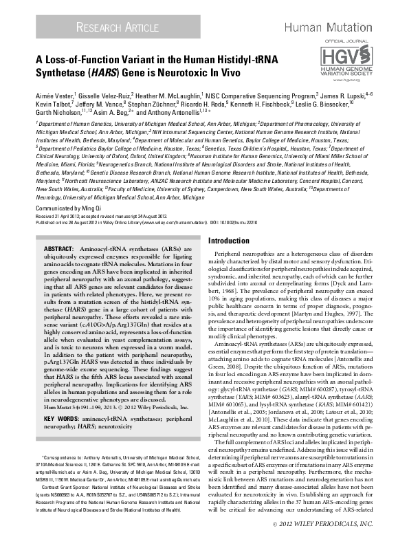 (PDF) A loss‐of‐function variant in the human histidyl‐tRNA synthetase ...