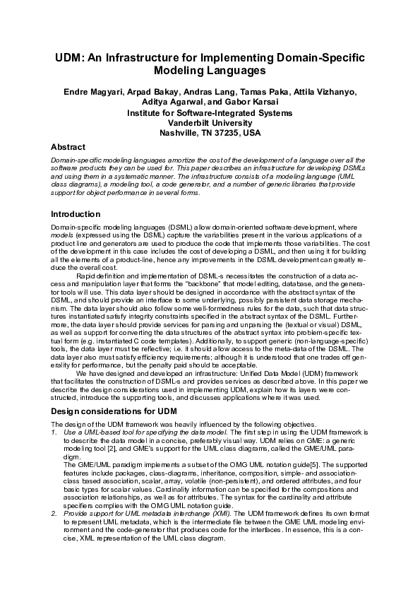 Pdf Udm An Infrastructure For Implementing Domain Specific Modeling Languages