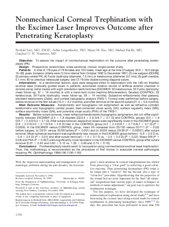 (PDF) Nonmechanical corneal trephination with the excimer laser ...