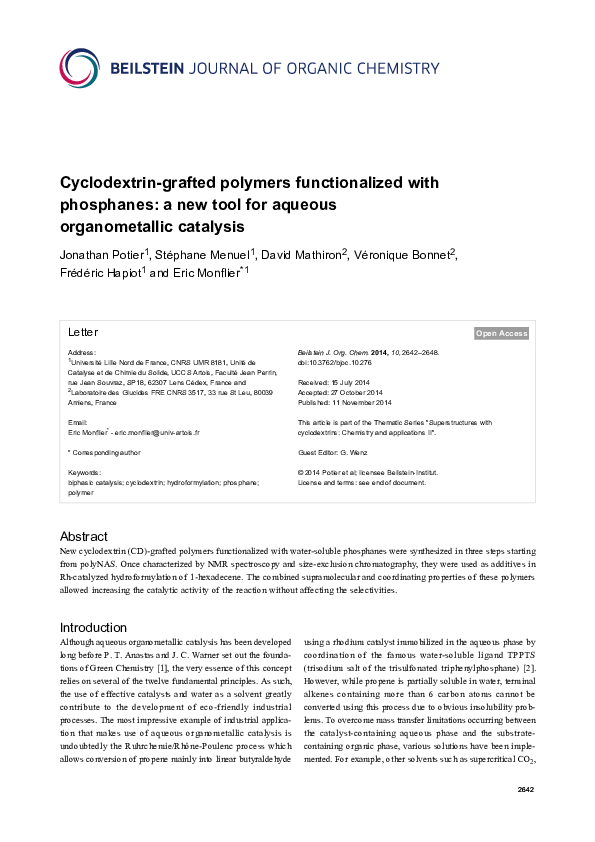 (PDF) Cyclodextrin-grafted polymers functionalized with phosphanes: a new tool for aqueous ...