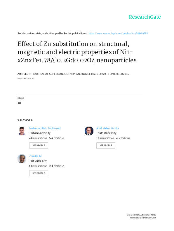 (PDF) Effect of Zn Substitution on Structural, Magnetic, and Electric Properties of Ni 1−x Zn x ...