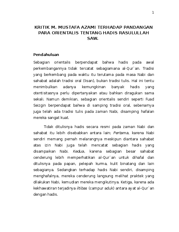 (DOC) Kritik Mustafa Azami terhadap Orientalis