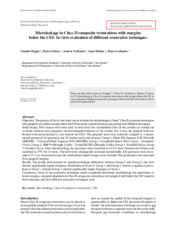 Pdf Microleakage In Class Ii Composite Restorations Below Cej