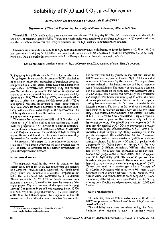 (PDF) Solubility of N 2 O and CO 2 in n -Dodecane