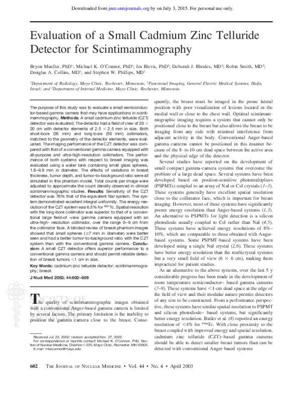 (PDF) Evaluation of a small cadmium zinc telluride detector for scintimammography