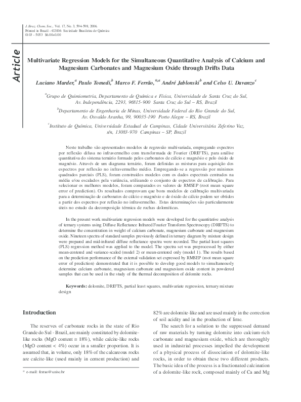 Pdf Multivariate Regression Models For The Simultaneous Quantitative Analysis Of Calcium And