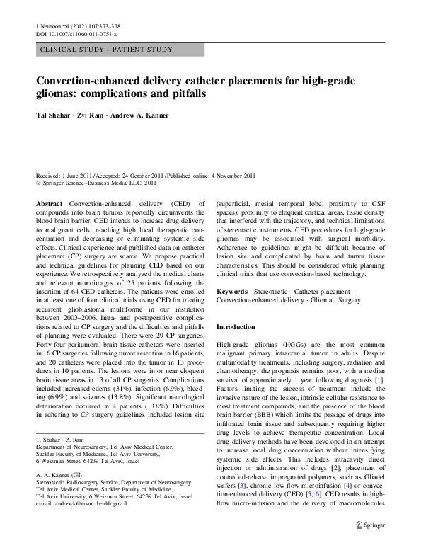 (PDF) Convection-enhanced delivery catheter placements for high-grade ...