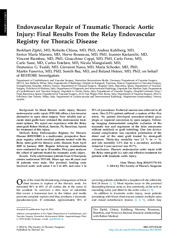 (PDF) Endovascular Repair of Traumatic Thoracic Aortic Injury: Final ...