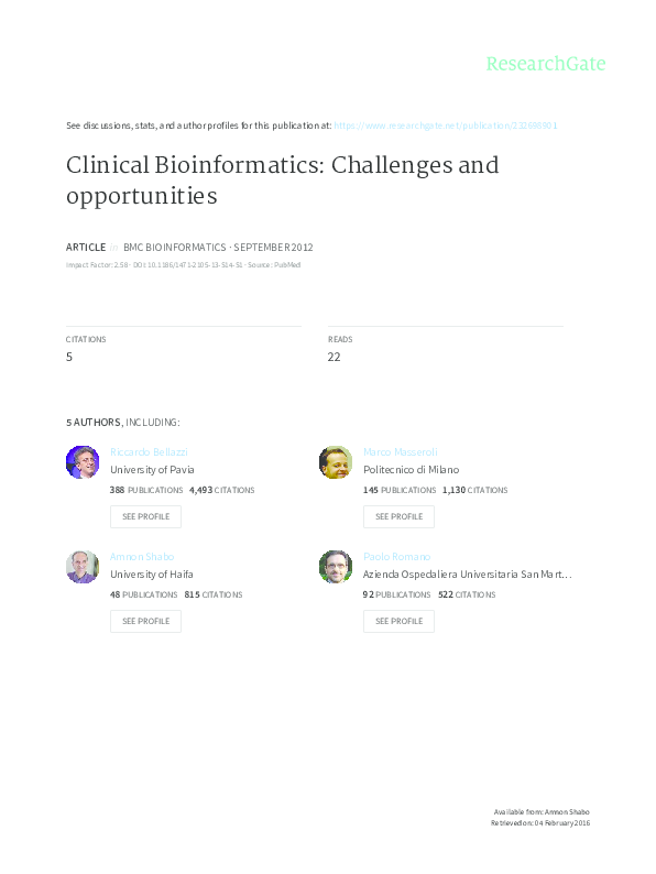 (PDF) Clinical Bioinformatics: challenges and opportunities