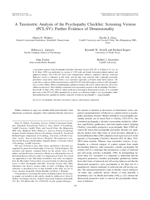 (PDF) A taxometric analysis of the Psychopathy Checklist: Screening ...