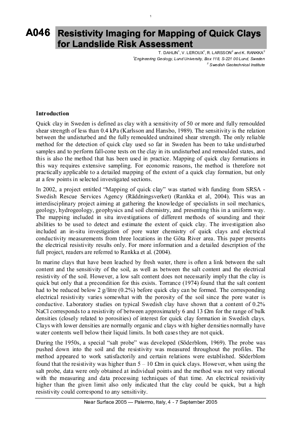 (PDF) Resistivity imaging for mapping of quick clays