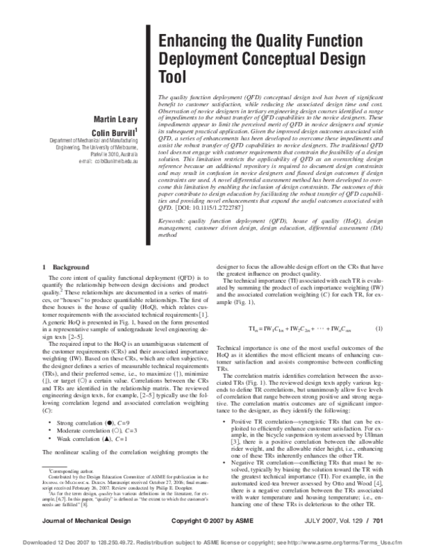 (PDF) Enhancing the Quality Function Deployment Conceptual Design Tool