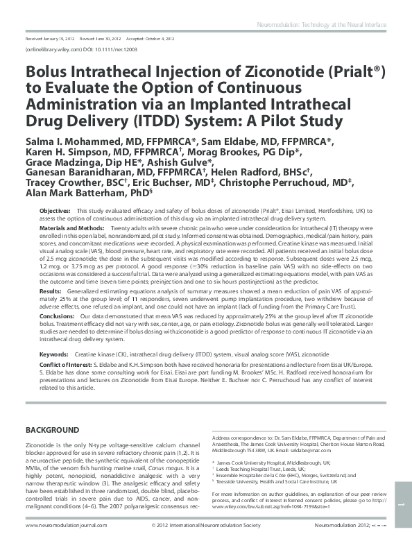 (PDF) Bolus Intrathecal Injection of Ziconotide (Prialt®) to Evaluate ...