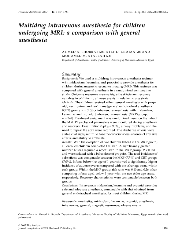 (PDF) Multidrug intravenous anesthesia for children undergoing MRI: a ...