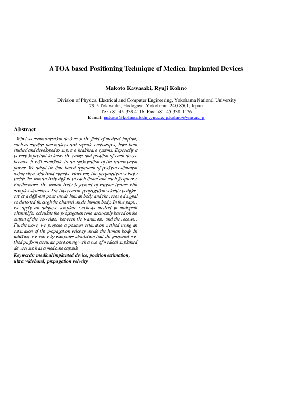 (PDF) A TOA based Positioning Technique of Medical Implanted Devices | Ryuji Kohno - Academia.edu