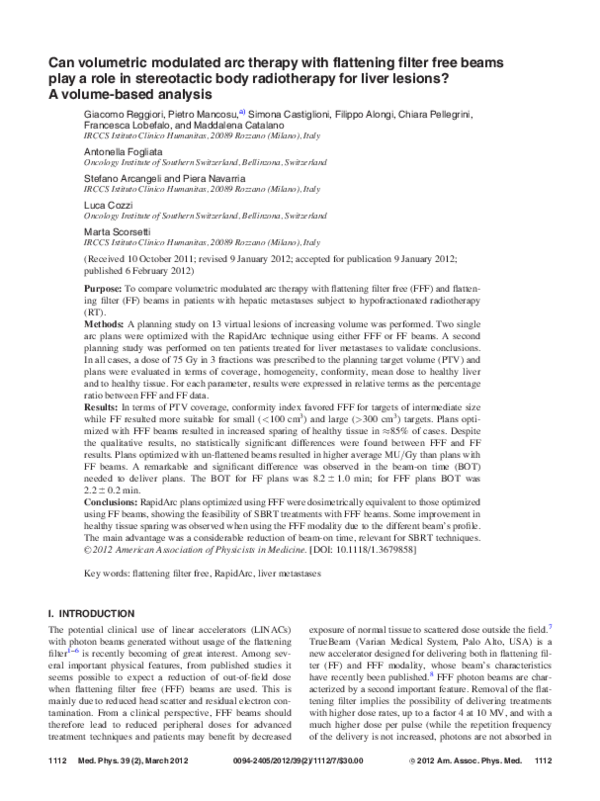 (PDF) Can volumetric modulated arc therapy with flattening filter free beams play a role in ...