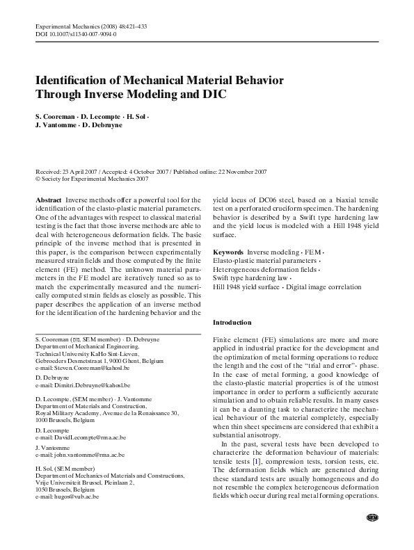 (PDF) Identification of Mechanical Material Behavior Through Inverse Modeling and DIC | John ...