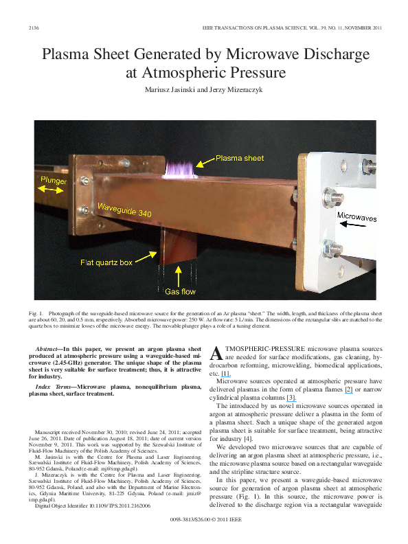 (PDF) Plasma Sheet Generated by Microwave Discharge at Atmospheric Pressure