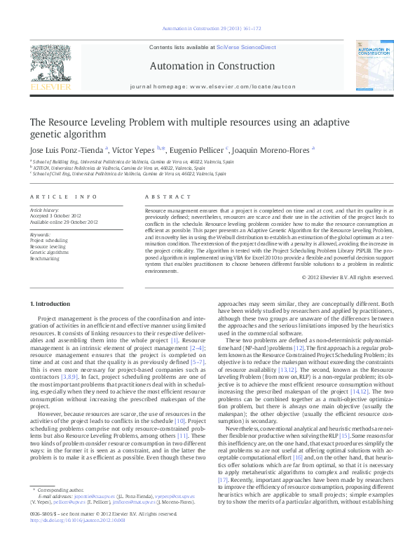 Pdf The Resource Leveling Problem With Multiple Resources Using An Adaptive Genetic Algorithm