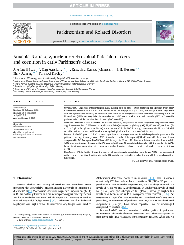 (PDF) Amyloid-β and α-synuclein cerebrospinal fluid biomarkers and cognition in early Parkinson ...