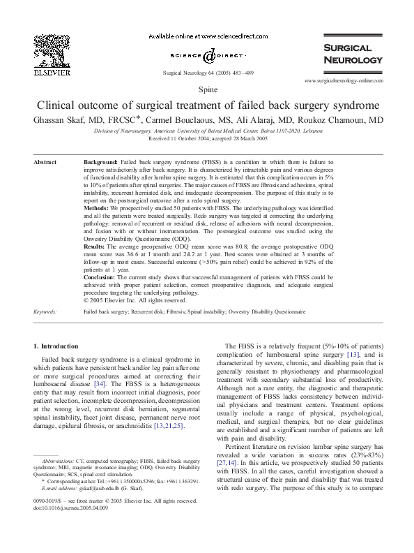 (PDF) Clinical outcome of surgical treatment of failed back surgery ...