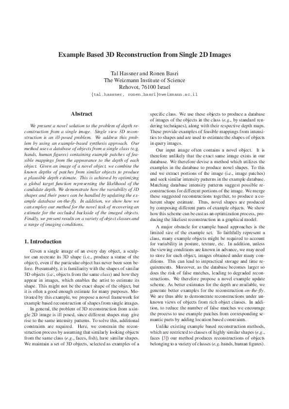 (PDF) Example based 3D reconstruction from single 2D images