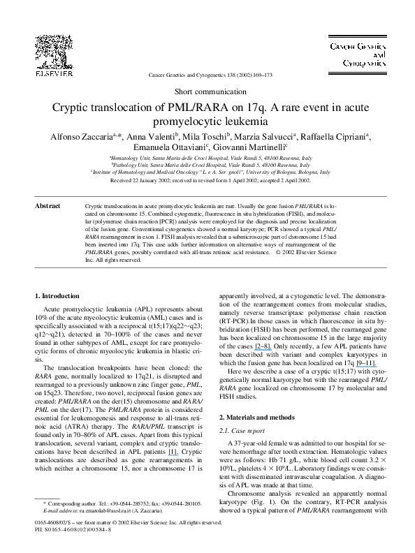 (PDF) Cryptic translocation of PML/RARA on 17q. A rare event in acute ...