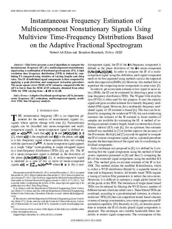 (PDF) Instantaneous Frequency Estimation of Multicomponent Nonstationary Signals Using Multiview ...