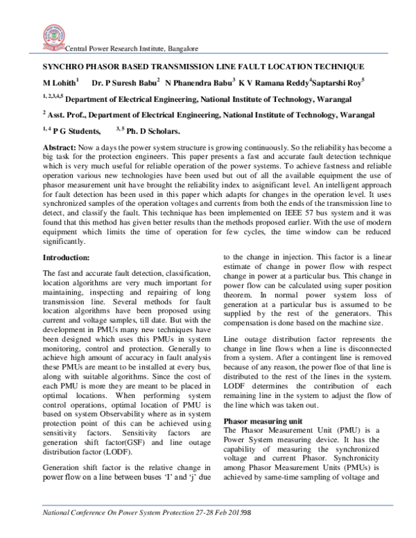(PDF) SYNCHRO PHASOR BASED TRANSMISSION LINE FAULT LOCATION TECHNIQUE